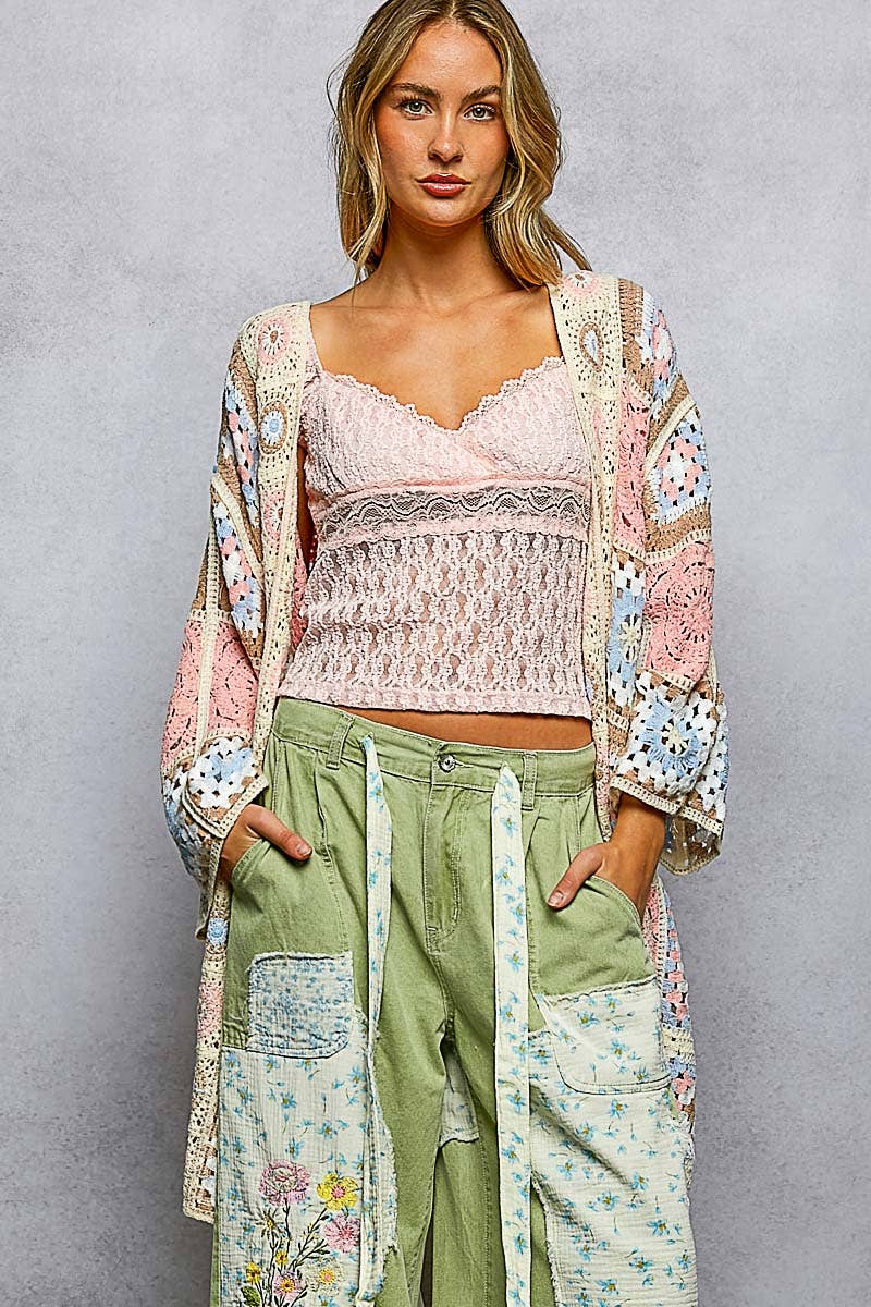 Long Sleeve Granny Square Crochet Open Cardigan-Pol Clothing One Size ...